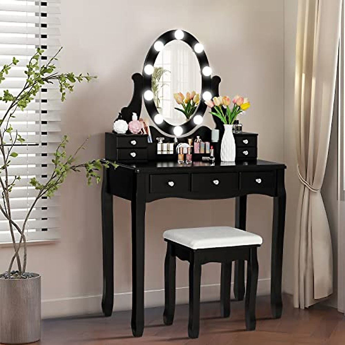 Quimoo Large Vanity Desk with LED Lighted Mirror & Power Outlet,Makeup Vanity Table with 7 Drawers,4 Shelves and 8 Hooks,for Bedroom,Bathroom,Black