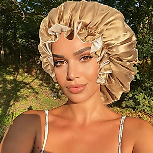 COOLCHI 2 Pieces Satin Bonnet Cap Elastic Double-Layer Silk Sleeping Head Cover for Women Adjustable Lined Hair Wrap for Long Curly Hair (Khaki+Purple)