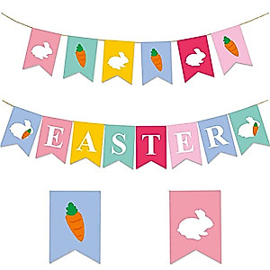 2PCS Easter Banner Decorations, Rabbit Bunny Carrot Happy Easter Banner Decor for Home Office Party Decor , Easter Bunting Bunny Sign Farmhouse Banner