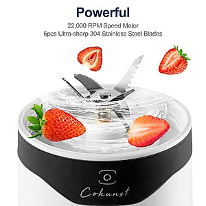 COKUNST 18oz Portable Blender, USB Rechargeable Personal Size Blenders Powerful with 6 Blades for Shakes & Smoothies, Mini Juicer Mixer with Extra Handle Lid for Travel Sports Outgoing Kitchen-Black