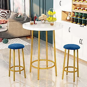 AWQM 3 Piece Bar Table Set, Round Pub Dining Set with Golden Metal Frame, Velvet Bar Stools, Ideal for Breakfast Nook, Kitchen, Small Spaces