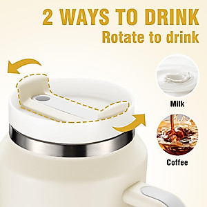 PlanetFlame 64oz Insulated Tumbler with Handle, Stainless Steel Double Wall Vacuumn Water Bottle, Lid and Straw for School, Gym, Hiking & Camping, Cream