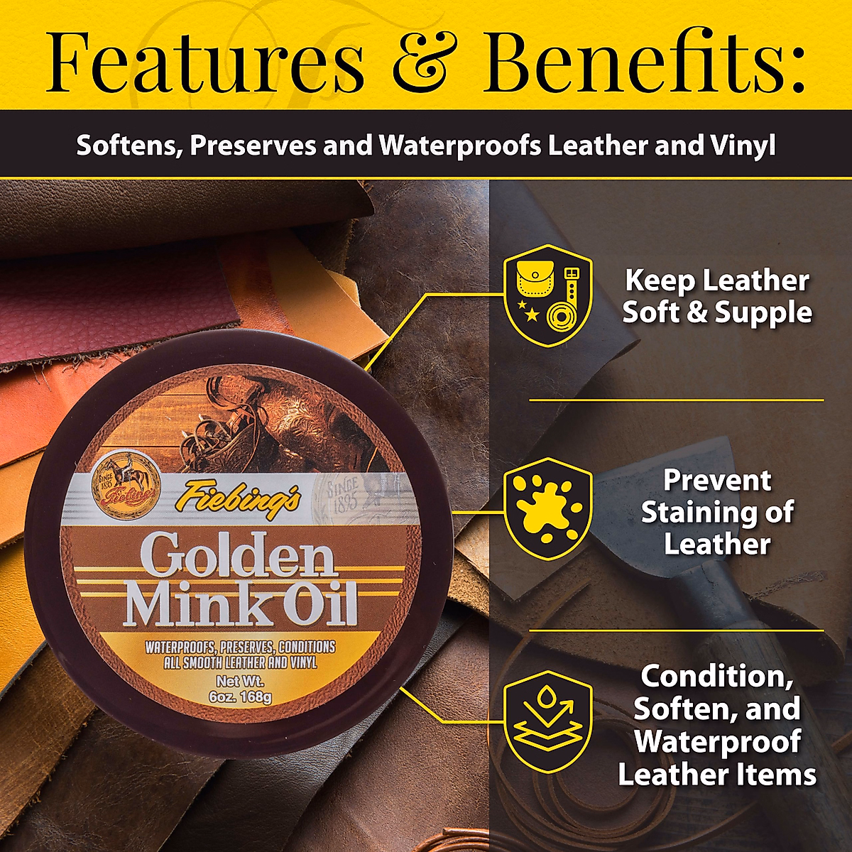 Fiebing's Golden Mink Oil Paste, 6 oz. - Soften, Preserves and Waterproofs Leather and Vinyl