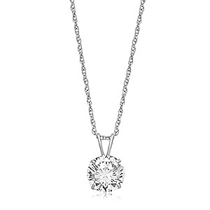 Jewelili 10K White Gold Solitaire Pendant Necklace Set with Round Cut Cubic Zirconia, 18" Rope Chain