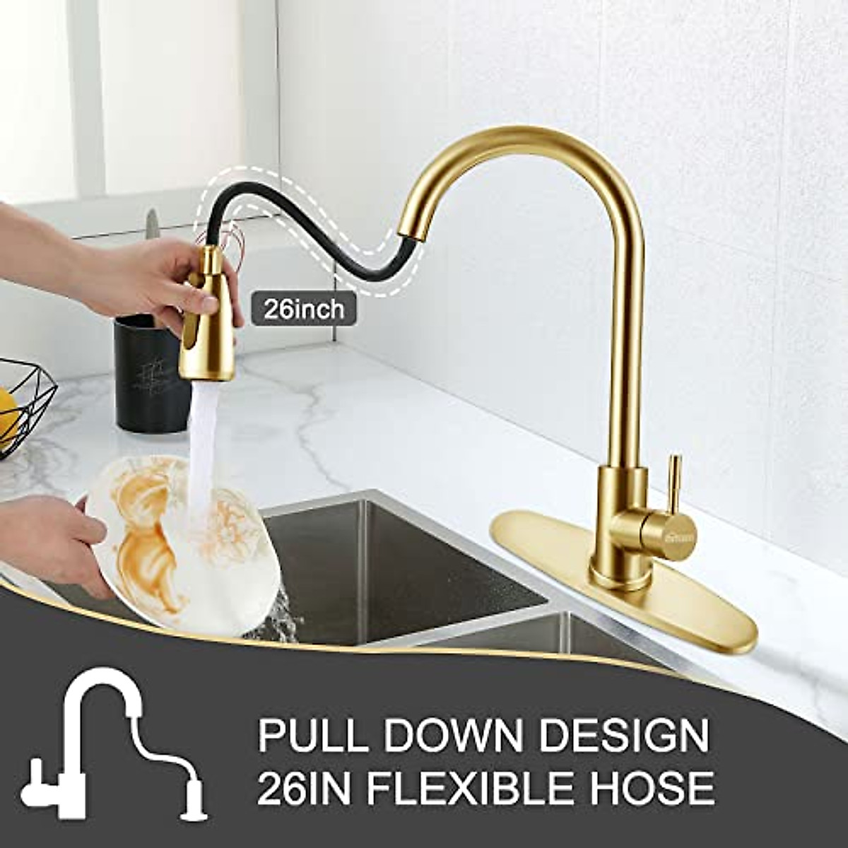 Mitcent Kitchen Faucet with Pull Down Sprayer 16 Inch, Champagne Bronze, with Deck Plate, High Arc Single Handle, 1 or 3 Holes, Stainless Steel for Kitchen Sink