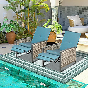 Brightpeak 2 Pack Patio Wicker Chaise Lounge Chair, Outdoor Rattan Reclining Pool Chair with Thick Padded Cushion & Adjustable Backrest for Outside, Lawn, Pool (Peacock Blue)