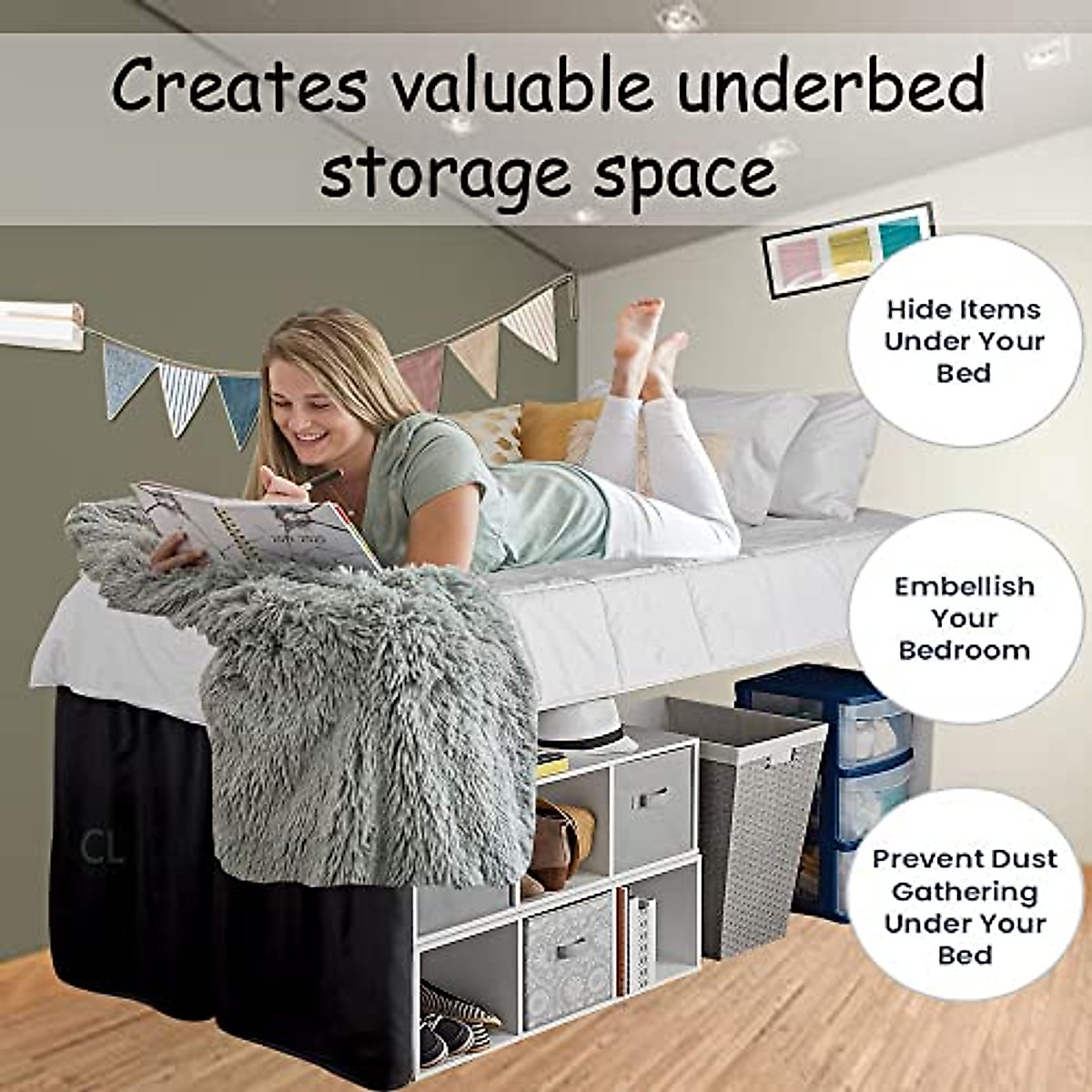 Ruffled Dorm Sized Bed Skirt for Dorm Beds - Three Sided Wrap Around Elastic Bedskirts- Dust Ruffled Bed Skirts 56 inch Tailored Drop - Dark Grey Dorm Room Bedskirts - College Dorm Bed Skirt