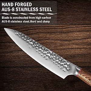 HALOYIVGO 8 Inch Chef Knife, Hand Forged Professional Chef's Knife with Pakkawood Handle, AUS-8 High Carbon Stainless Steel, Kitchen Meat Vegetable Knife with Leather Sheath and Gift Box