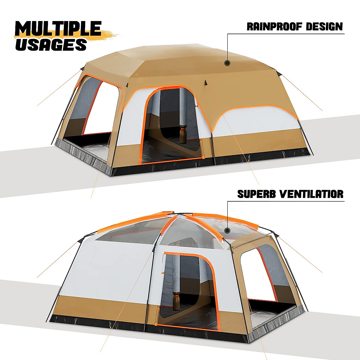 MoNiBloom 5-8 Person Tent for Camping Extra Large Portable Cabin Huge Tent, Waterproof Windproof 1 Living Room and 2 Bedroom 181'' Length Tent with Carry Bag for Outdoor Picnic Family Gathering