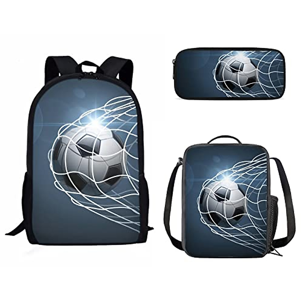 Poceacles 3 Pieces Backpack Set, Soccer Ball Print School Bags Boys Daypack with Lunch Box and Pencil Pouch
