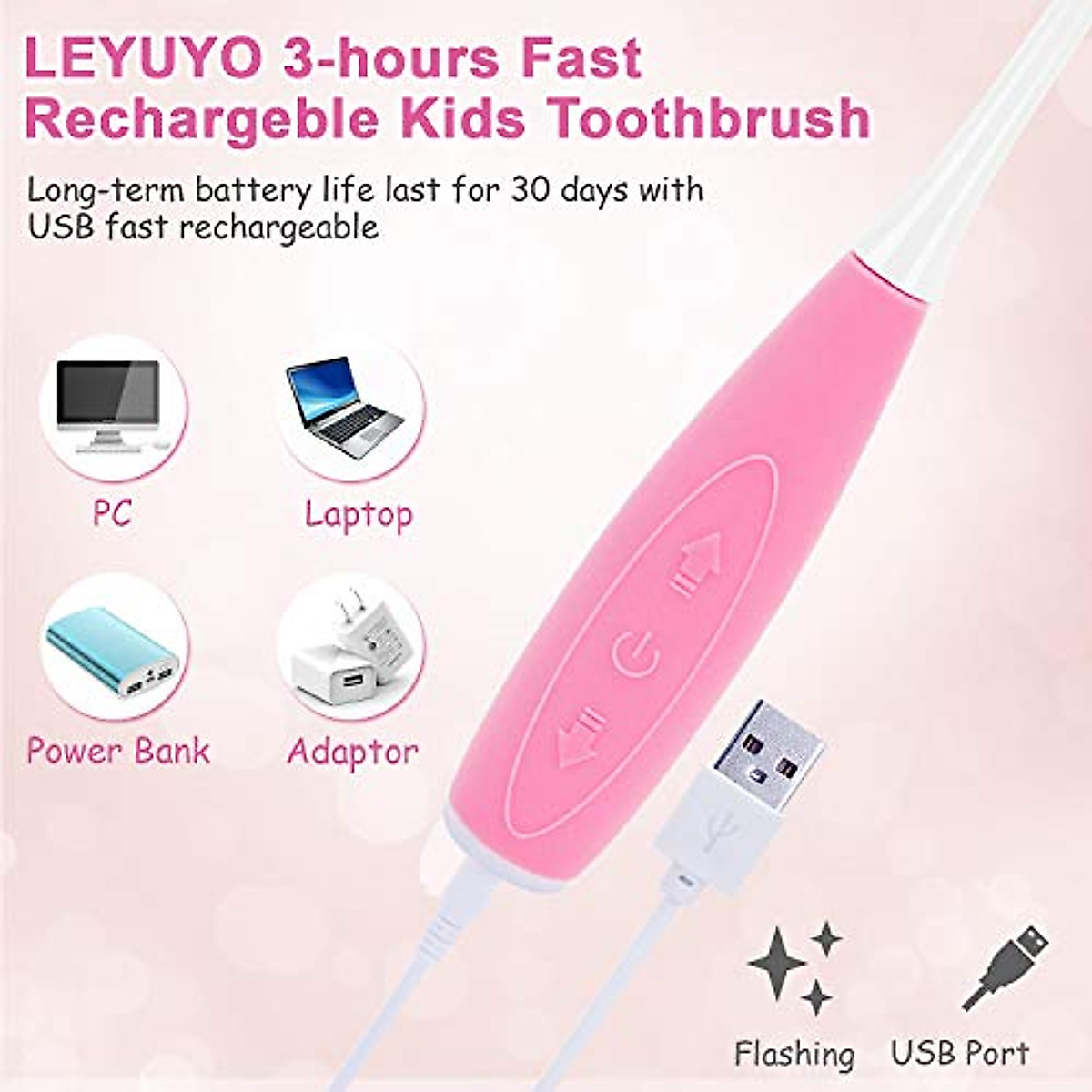 LEYUYO Electric Toothbrush Kids Sonic Cleaning 31000 Strokes Rechargeable Tooth Brush with Timer, 2 Bristles, 3 Modes, Pink