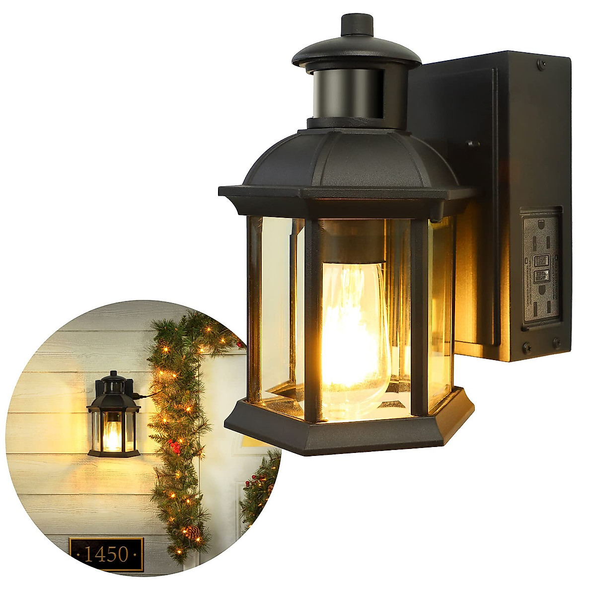 ropelux Outdoor Motion Sensor Porch Light with 2 GFCI Outlets, Dusk to Dawn Wall Light,Anti-Rust Exterior Porch Lights Wall Mount with 3 Modes,Waterproof Light Fixture for House Garage