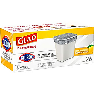 Glad Medium Drawstring Trash Bags with Clorox, 8 Gallon, Lemon Fresh Bleach Scent, 26 Count