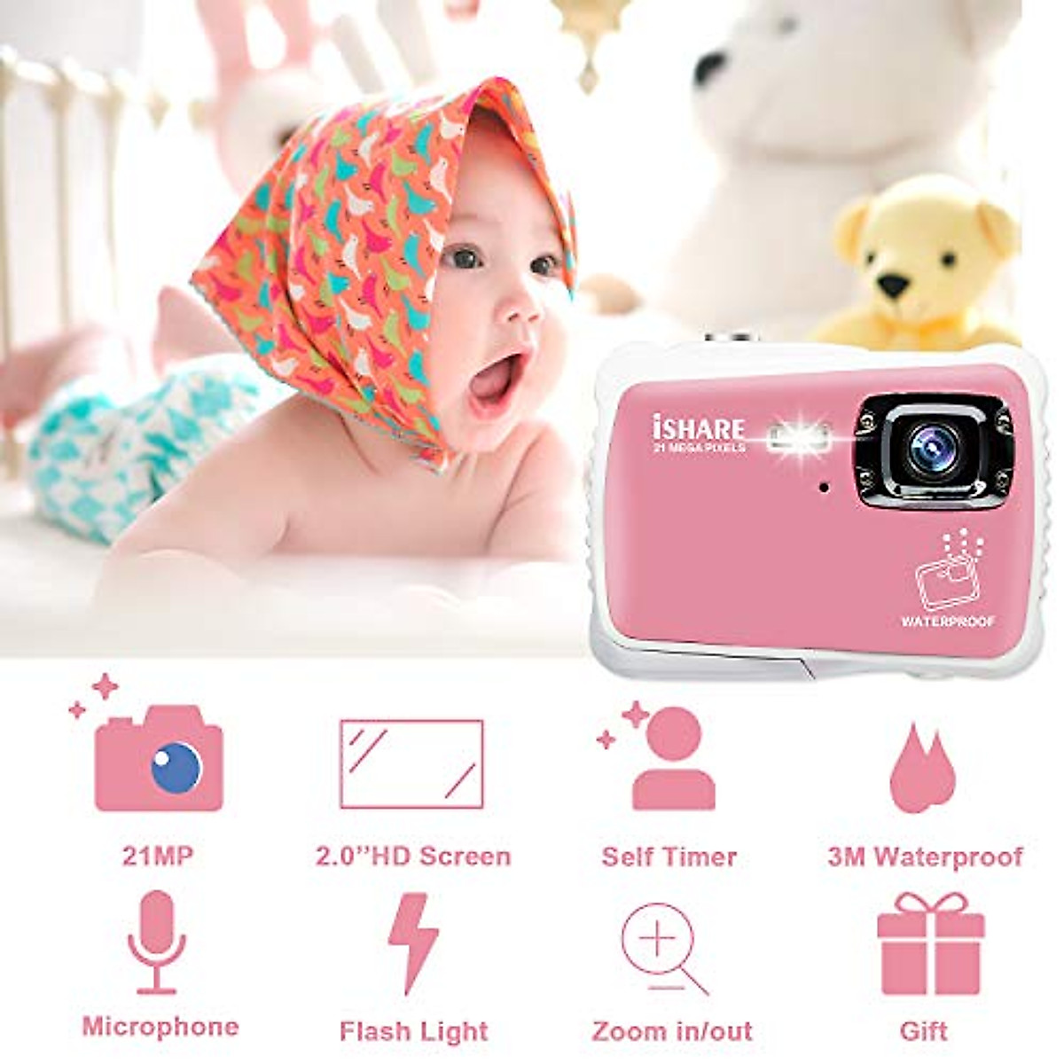 Kids Camera,21MP HD 3M Waterproof Digital Camera Kids,Kids Waterproof Camera 2.0 Inch LCD Display,8X Digital Zoom,Flash and Mic for Kids Boys Girls Gift(Pink)