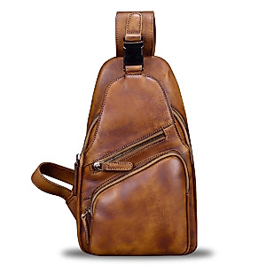 Genuine Leather Sling Bag Chest Shoulder Hiking Backpack Vintage Handmade Crossbody Daypack (Brown)