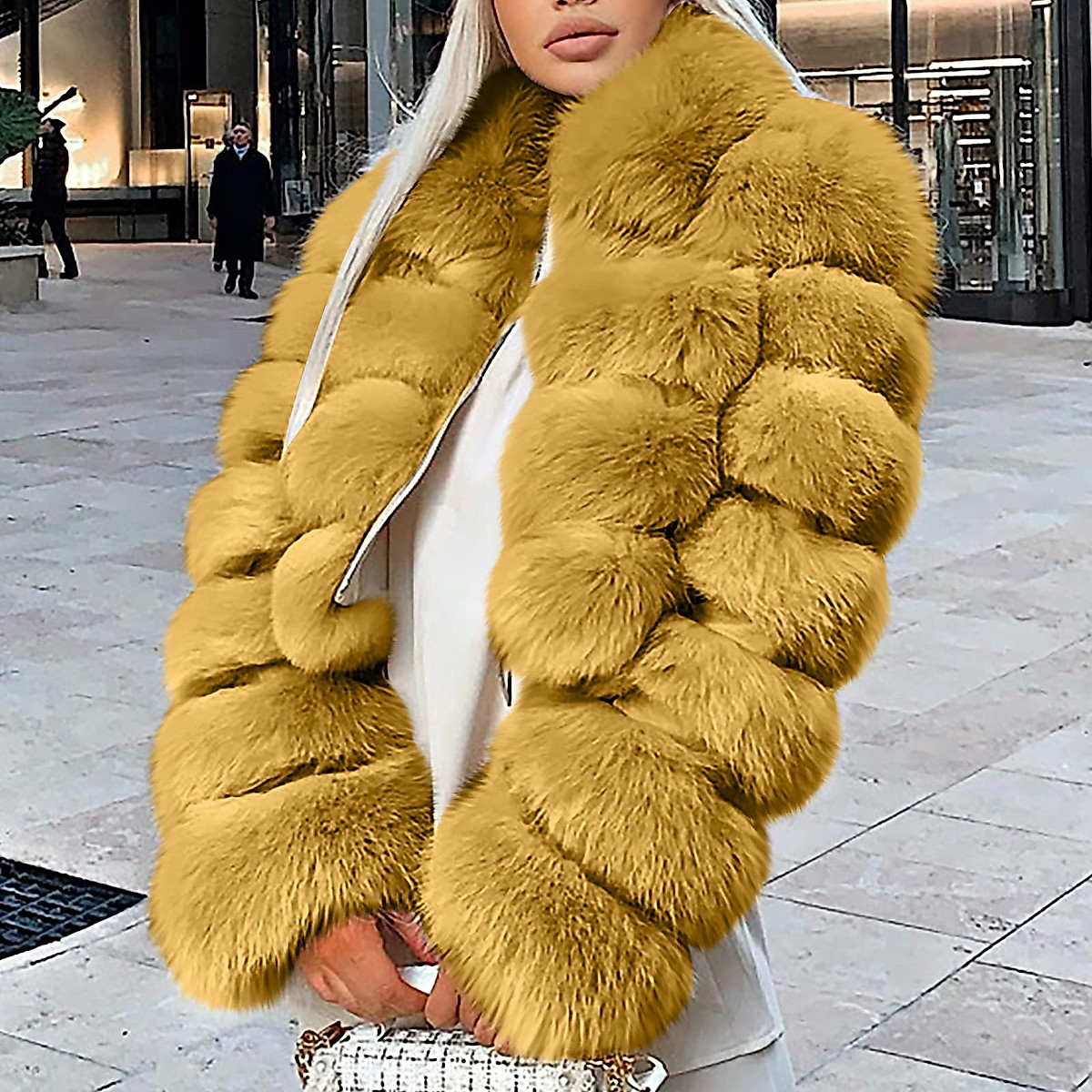 Women Luxury Fluffy Faux Fur Long Coat Jackets Open Front Solid Plush Outwear Winter Warm Oversized Overcoat Yellow