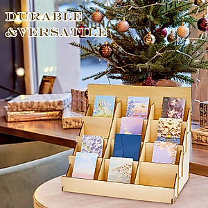 Wenqik 4 Tier 12 Shelves Greeting Card Display Stand Wooden Multipurpose Card Display Rack Sticker Display Stand for Vendors Portable Greeting Card Holder for Cards Picture Photos Organizer Display