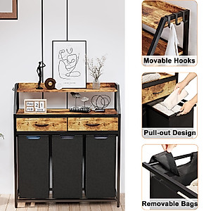 Timberer Laundry Hamper, Laundry Sorter 3 Section, Rolling Laundry Basket with Wheels, 2 Drawers, 2 Shelves, 3 × 14.5 Gal, Pull-Out and Removable Laundry Bags, Laundry Room, Black and Rustic Brown