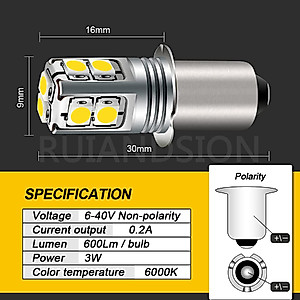 Ruiandsion Upgrade LED Flashlight Bulb 6-40 Volt P13.5S Base LED Bulb White 6V 9V 12V 18V 19.2V 24V Replacement for Flashlight Torch Lantern Work Lights,Non-Polarity