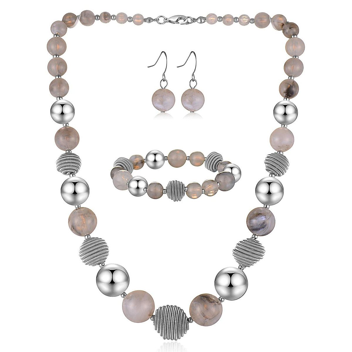 PEARL&CLUB Beaded Chunky Statement Necklace Earring and Bracelet Set Silver Metal Bead Fashion Jewelry Set Mothers’ Day Gifts for Women (Grey)