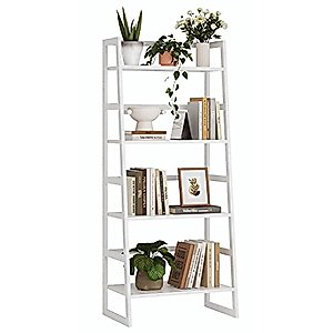 linstock White Bookshelf, 4-Tier Bamboo Bookcase Ladder Bookshelf Organizer, Storage Rack, Bookcases & Tall Ladder Shelf-Bamboo Frame for Bedroom, Living Room, Kitchen, Bathroom, Easy Assembly(White)
