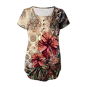 Womens Tunic Tops 2022 Summer Fall Casual Dressy Short Sleeve T Shirts Floral Cute Tees Loose Fit Trendy Blouses for Leggings, Green-03