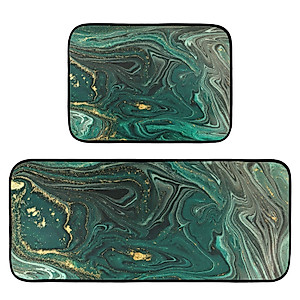 J JOYSAY Green Marble Kitchen Rugs and Mat 2 Pieces Set Cushioned Anti Fatigue Kitchen Mat Non Slip Comfort Standing Rug Washable Farmhouse Decor for Sink Table Fridge Fall
