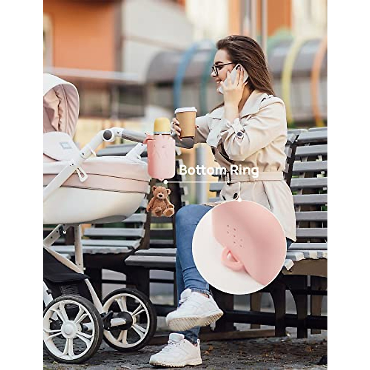 JOYTUTUS Universal Stroller Cup Holder, Cutie Holder Silicone Phone Holder Organizer for Stroller, Bike, Treadmill, Walker, Boat, Lawn Chairs (Pink)