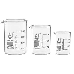 EISCO Premium 3pc Glass Beakers Set, 50mL, 100mL, 250mL - Low Form Lab Beakers - Borosilicate 3.3 Glass - Packaged in Thick, Custom-Fit Foam Insert