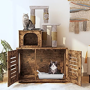 Recaceik Cat Litter Box Enclosure with Cat Tree, Hidden Cat Washroom Furniture with Divider, Wooden Cat House with Platform, Scratching Post and Soft Plush Perch, Indoor Pet Cabinet,Rustic Brown