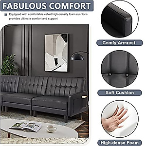 IPKIG 106" Futon Sofa Bed, Convertible Sleeper Sofa, 3-Seater Sofa Bed Couch, Faux Leather Split-Back Sofabed for Living Room Home Office Hotel with Adjustable Backrest and Side Pockets (Black)