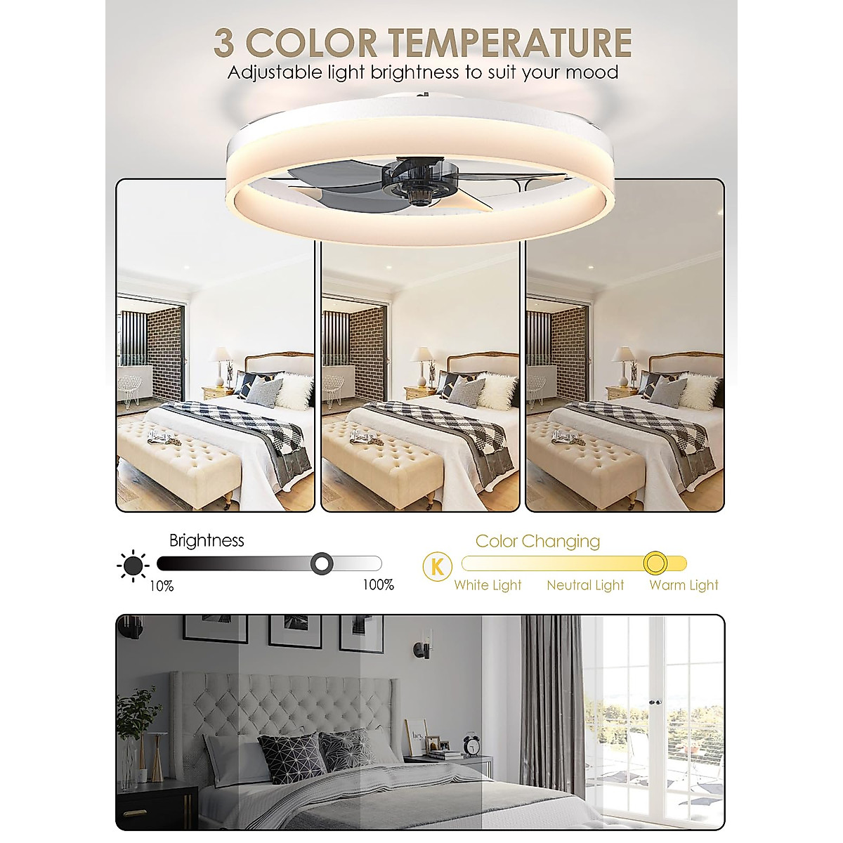 ERYAHRT Low Profile Ceiling Fan with Light Remote Control, Semi Flush Mount Ceiling Fans with 5 Invisible Blades, Dimmable Led Ceiling Fan Reversible Blades Timing, White