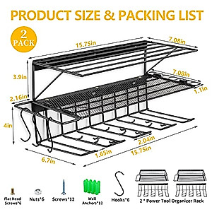 2 Pack Power Tool Organizer Holder, 8 Drill Holder Wall Mount for Garage Organization, 3 Layer Tool Storage Shelf, Heavy Duty Metal Tool Organizers and Storage Rack Tool Shelf Black