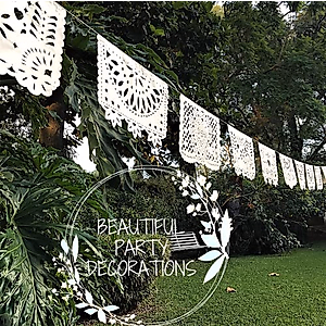 White Papel Picado Mexican Paper -5Pack- Medium Mexican White Banners -60 Panels Wedding Bridal Decorations Garland Flags 16 Feet Long Each Strip -Handmade by Mexican Artisans