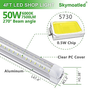 Skymoatled 8Pack 4FT LED Shop Light Garage Lights,50W 6000K 7500LM White Light,Hanging/Surface Mount,T8 4FT LED Tube Lights for Warehouse Workshop Basement,Linkable LED Shop Lights,Plug and Play