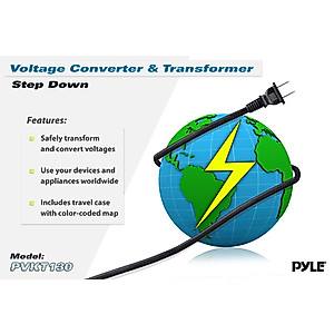 PyleMeters International Travel Voltage Converter Transformer - UK/AU/EU/US Voltage Converter 220 to 110 Step Down Power Converters w/ 6 Worldwide Plug Adapters - Laptop Camera Cell Phone PVKT130.5