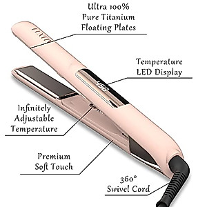 FUNTIN S10 Hair Straightener, Flat Iron - 100% Pure Titanium Flat Iron for straightening Curls Ion Inside 1 Inch (Baby Pink)