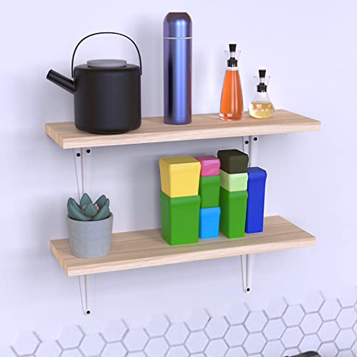 JAWU Set of 2 Pine Wood Floating Shelves - Decorative Hanging Farmhouse Rustic Shelves for Wall, Home, Kitchen, Bathroom, Bedroom - Wooden Shelf with L-Brackets, Screws, Plastic Plugs - 17x5.5x0.6