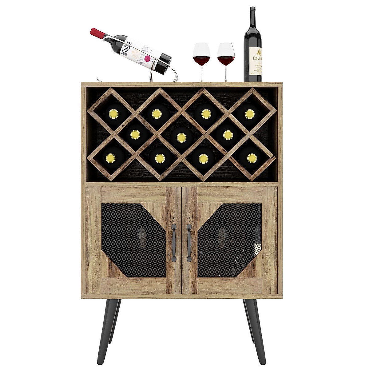 SogesHome 23.6 inches Wine Cabinet, Wine Storage Rack with 11 Bottle, Rack Wine Holder, Large Storage Cabinet with Metal Mesh Doors, for Kitchen, Dining Room, Living Room