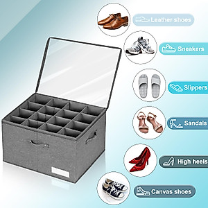 popoly Shoe Organizer for Closet Fits 16 Pairs, Large Shoes Storage Box Bins Containers with Clear Cover and Adjustable Dividers for Sneakers High Heeled, Hard Shell and Stackable (Grey)