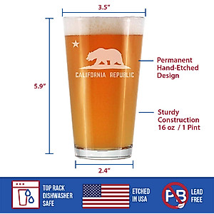 California Flag Pint Glass for Beer - State Themed Drinking Decor and Gifts for Californian Women & Men - 16 Oz Glasses