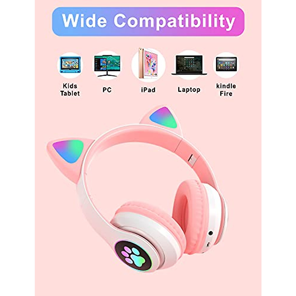 TOKANI Kids Headphones, Bluetooth Wireless Headphones for Kids Teens Adults, Over-Ear Bluetooth Headphones with Microphone, Cat Ear Headphones for Girls Women (Pink)