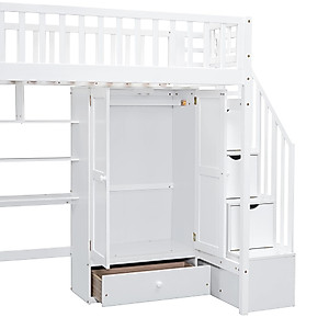 Bellemave Twin Size Loft Bed with Desk, Multifunctional Loft Beds Twin with Bookshelf,Stairs, Wardrobe and Drawer for Kids Boys Girls Bedroom, Solid Wood Loft Bed Frame with Storage,White