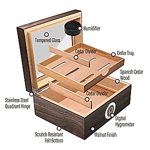 Flauno Desktop Cigar Humidor, Cedar Wood Humidor Cigar Box with Digital Hygrometer, Humidifier, Tray and Dividers, Holds 25-50 Cigars, Walnut Finish