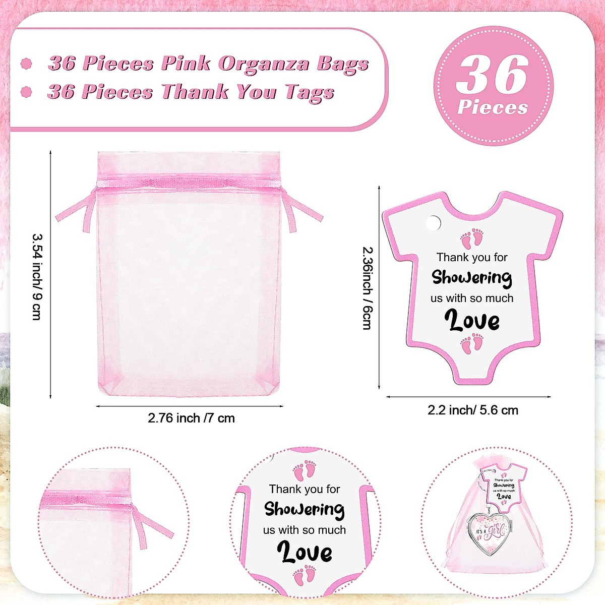 Wesiti 108 Pcs Baby Shower Favors 36 Heart Shaped Mirrors Keychain Thank You Tags 36 Organza Bags for Baby Shower