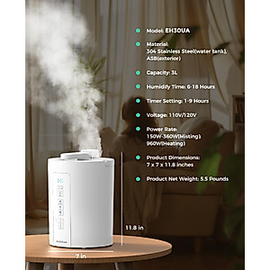 Healthy Warm Mist Humidifiers for Bedroom, 3L/100oz Stainless Steel Humidifier Easy Clean, Steam Humidifier for Living Room, Whisper-Quiet, Filterless and Simple Use