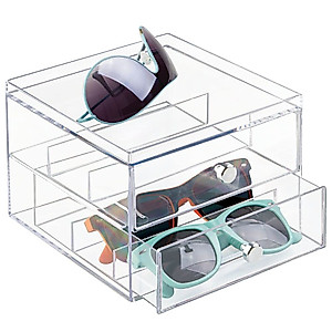 mDesign 2 pc. Set Stackable Eyeglass Organizer Holder for Sunglasses, Eyeglasses, Reading Glasses - 2 Divided Drawers, Clear