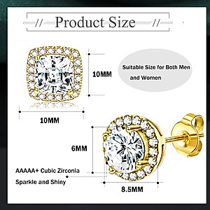 1-2 Pairs 925 Sterling Silver Mens Earrings Cubic Zirconia Halo Stud Earrings for Men 18K Gold Plated Heart/Round/Square Cut CZ Stud Earrings Set for Women Men