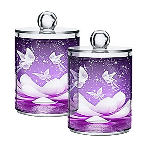 ALAZA 2pcs Beautiful Lotus Flower Qtip Holder Dispenser 14 oz Bathroom Storage Clear Apothecary Jars Containers Cotton Ball,Cotton Rounds,Floss Picks, Hair Clips, Food