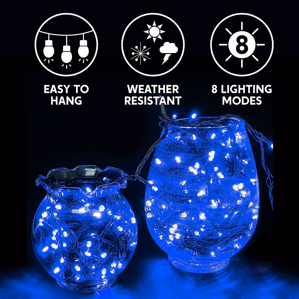 Joiedomi 200 LED Blue Halloween String Lights with 8 Modes 65.2FT Green Wire for Indoor Outdoor Holiday Décor Halloween Event Decoration, Tree, Eaves, Haunted House Theme Party